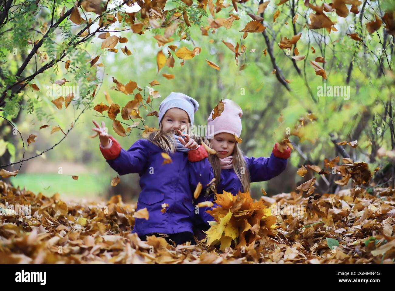 Children for a walk in autumn park. Leaf fall in the park. Family. Fall ...