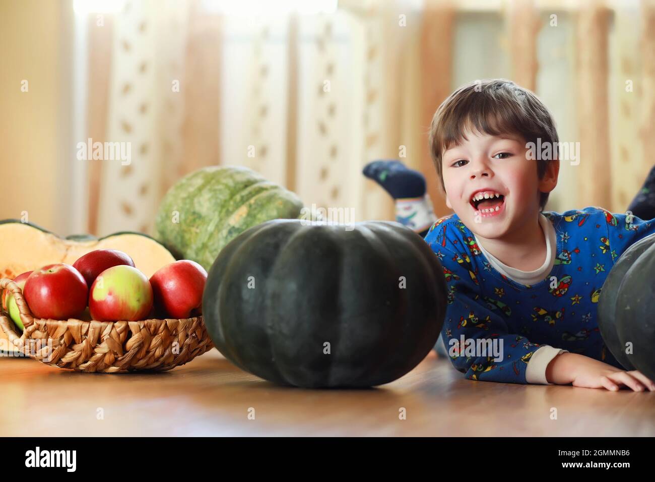 Little child choose a pumpkin autumn. Child sitting on giant pumpkin ...