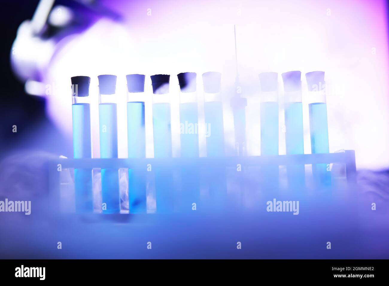 Test tube of glass overflows new liquid solution potassium blue ...