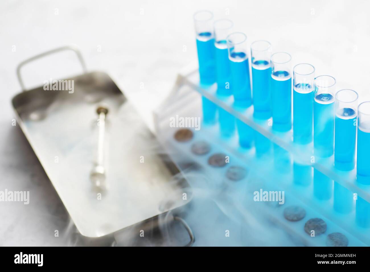 Test tube of glass overflows new liquid solution potassium blue ...