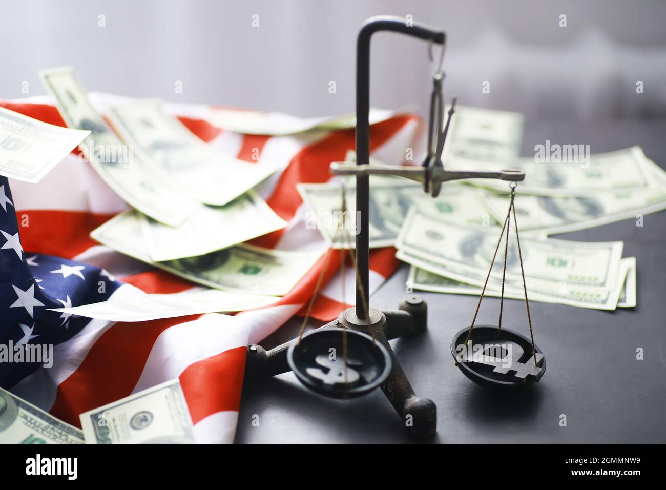 United States Law, scales of justice and American flag. Concept. Money ...