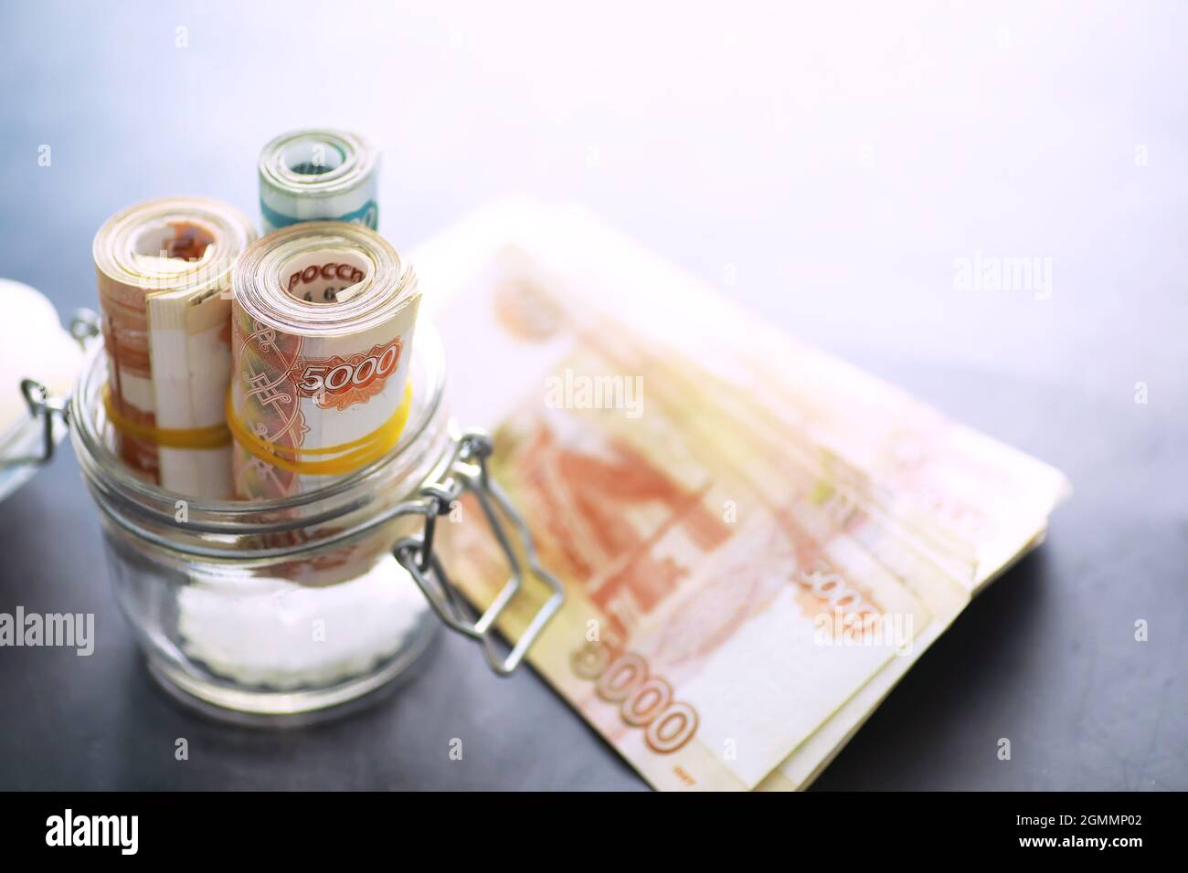 Banknotes with inscription "five thousand rubles". Russian money face ...