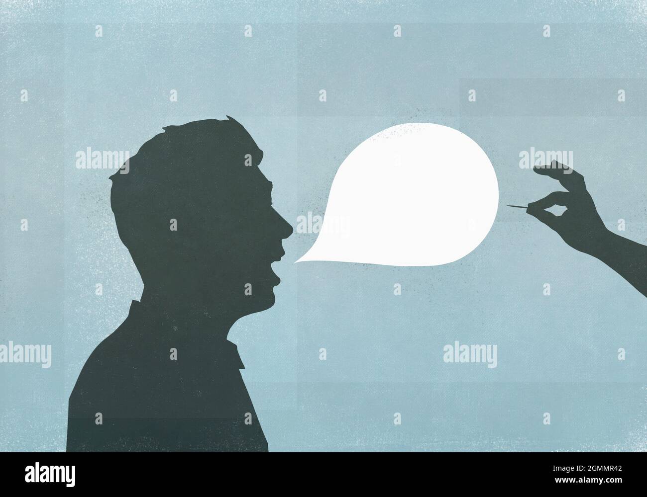 Hand with pin popping speech bubble Stock Photo - Alamy