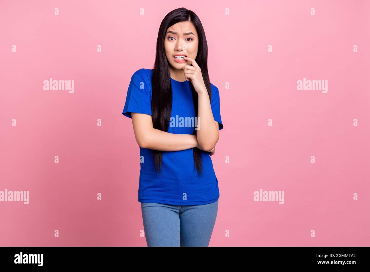 Photo of young stressed nervous worried woman bite nail teeth bad mood ...
