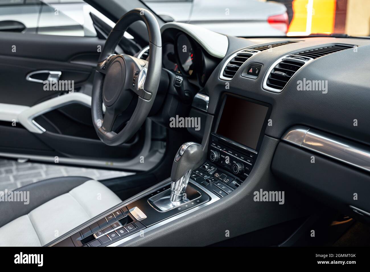 View of the interior of luxury convertible car, modern dashboard with ...