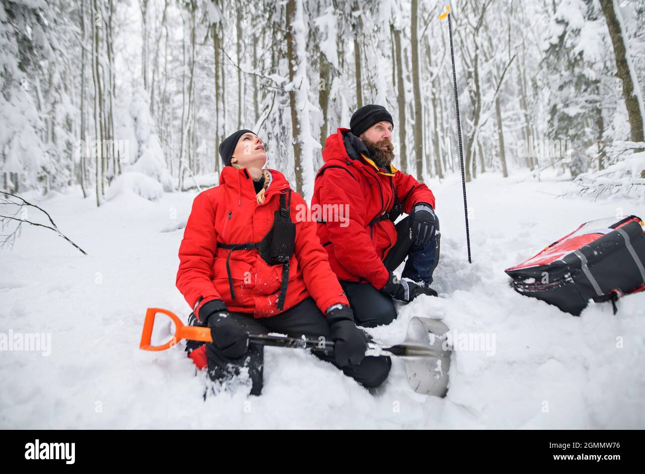 Mountain rescue service on operation outdoors in winter in forest ...