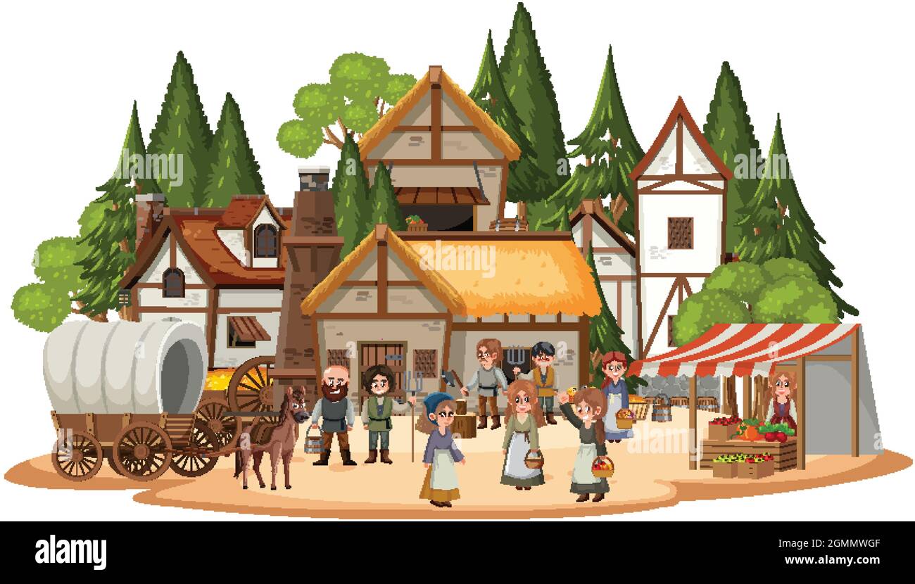 Medieval village with villagers on white background illustration Stock ...
