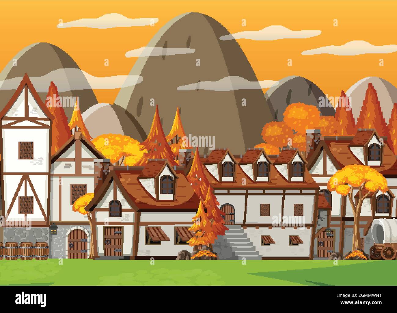 Medieval village scene with hills background illustration Stock Vector ...
