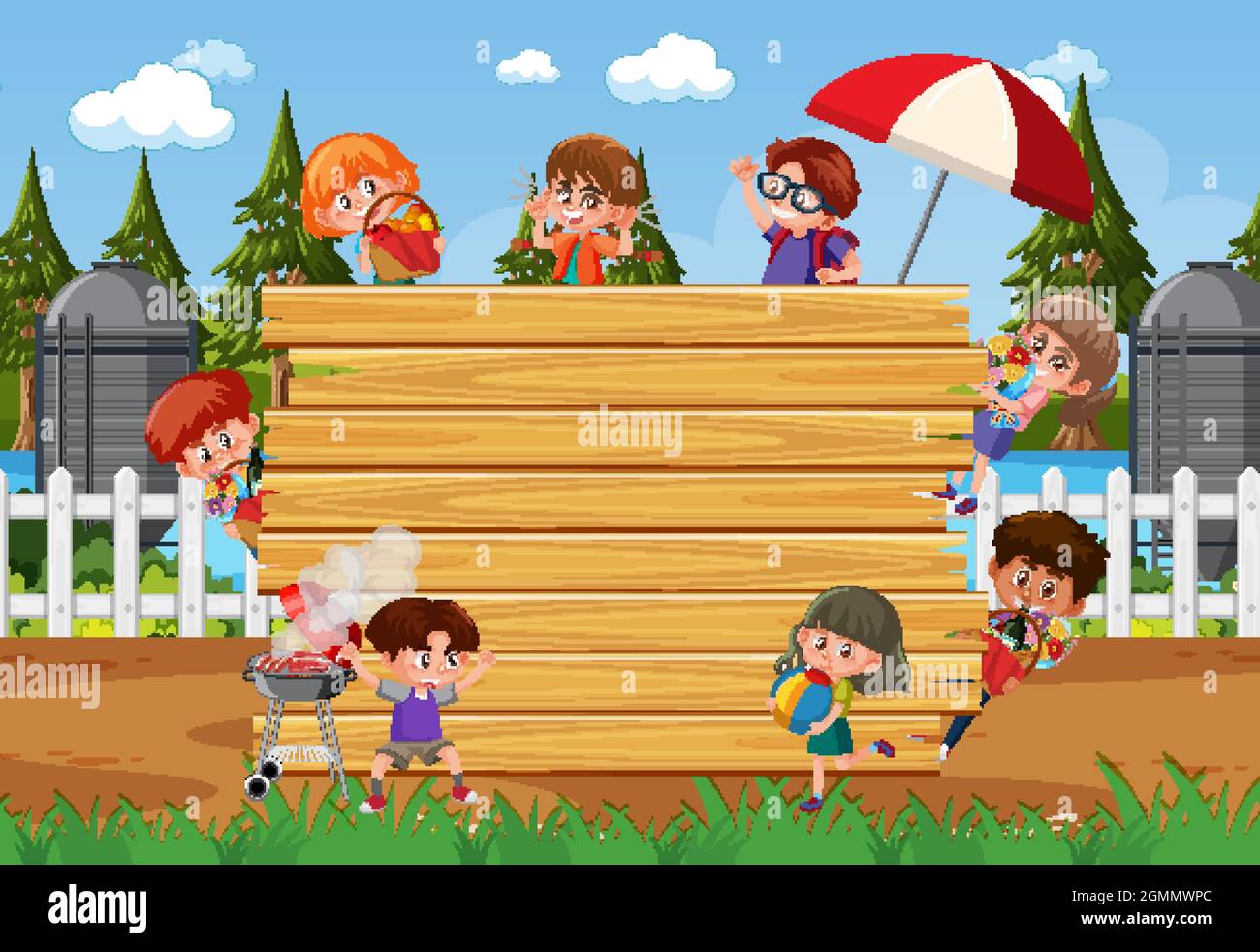Empty wooden board with many children at the park scene illustration ...