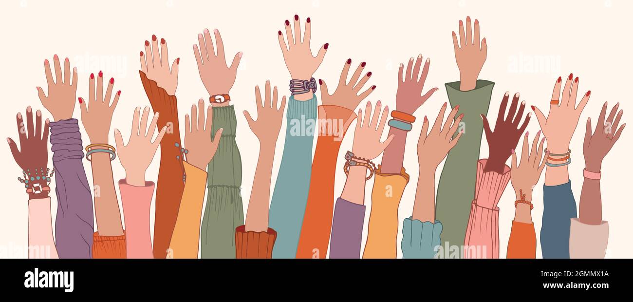Raised hands and arms of multi-ethnic international multicultural women ...