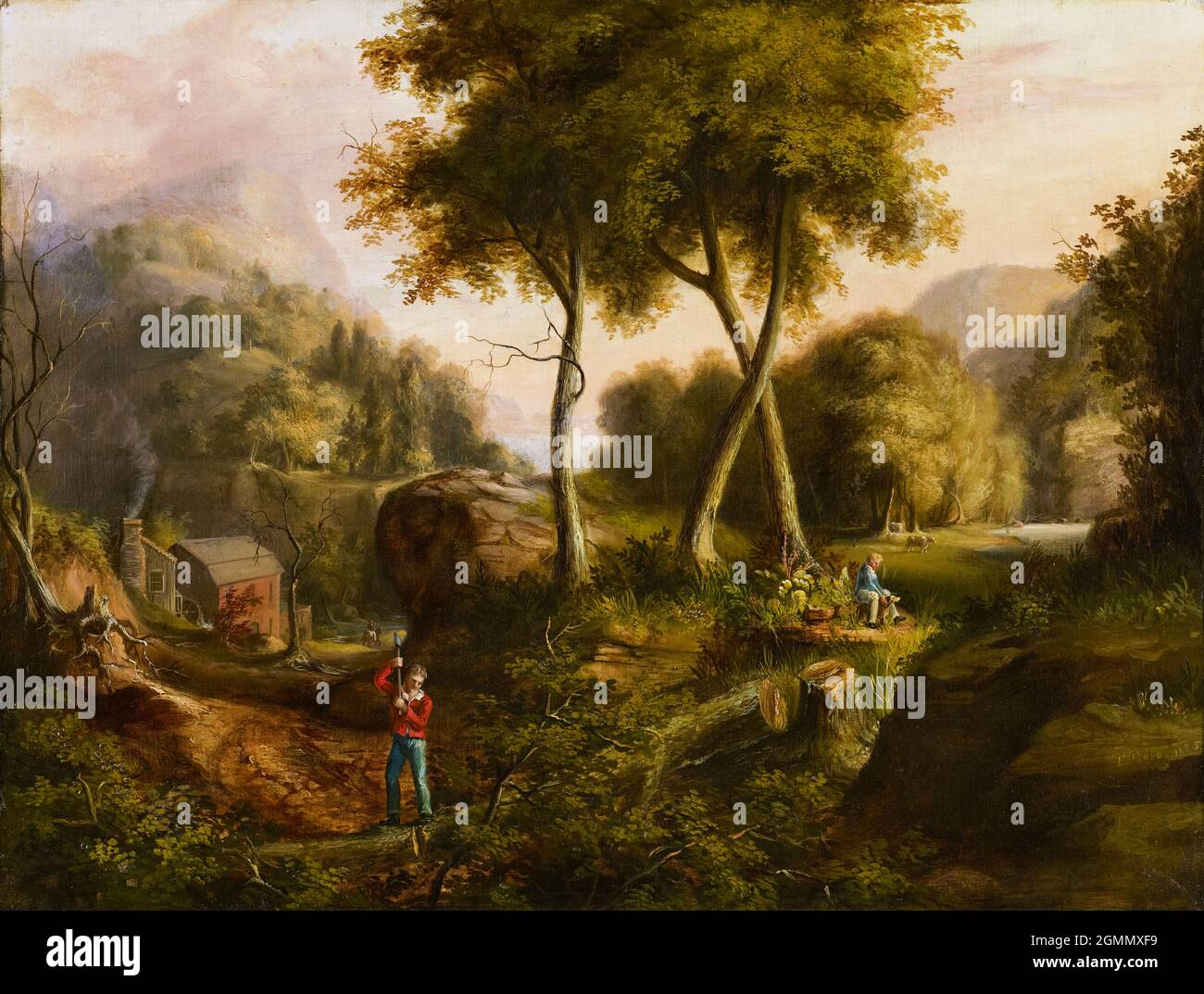 Landscape, painting by Thomas Cole, (shows frontier people working the ...