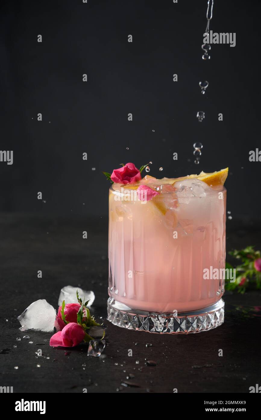 Pink alcoholic cocktail with rose flowers on black background. Close up ...