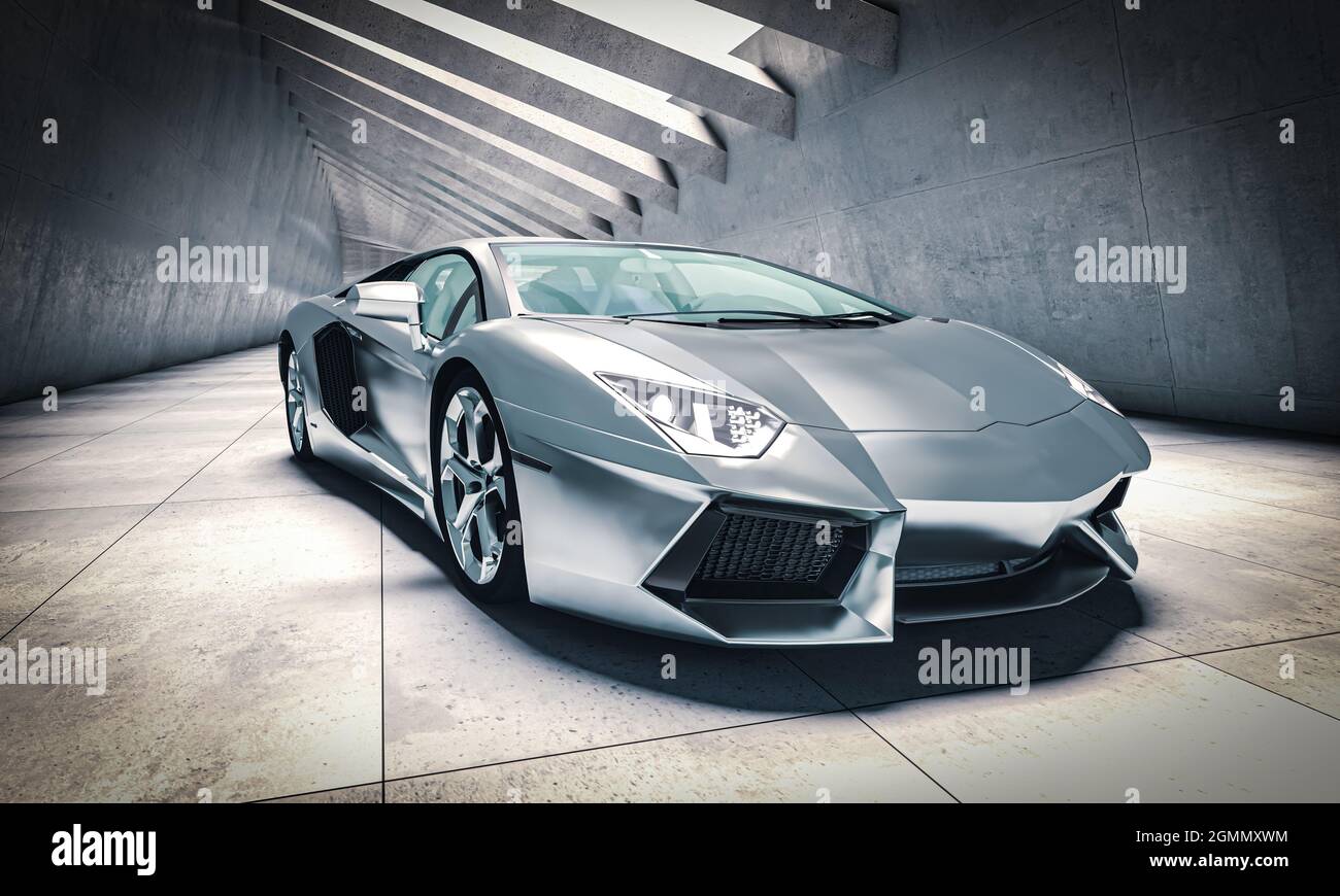 aluminum sports car in modern concrete tunnel. 3d render Stock Photo ...