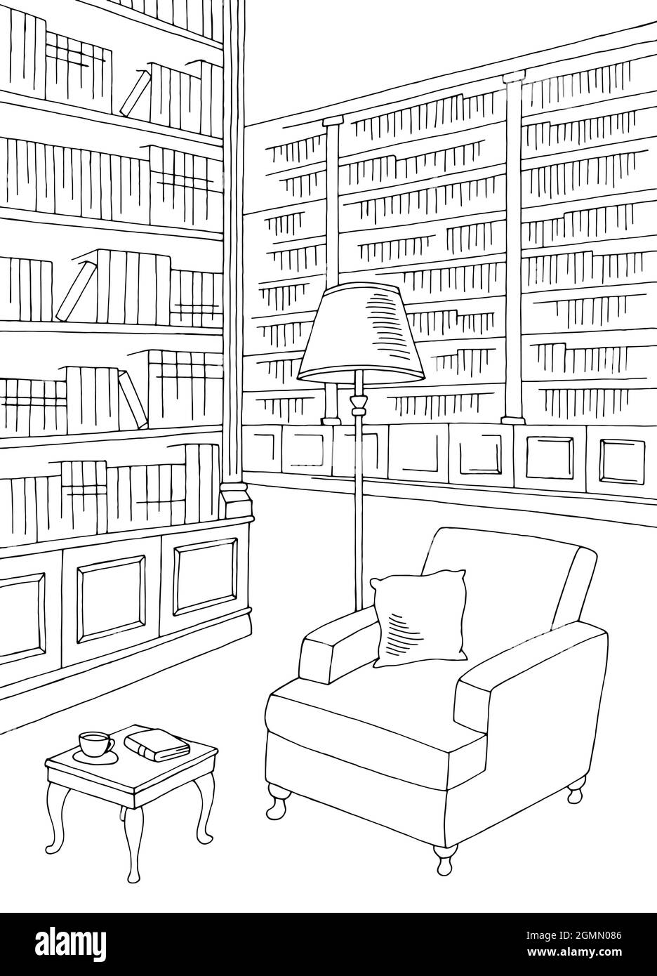 Library interior graphic black white vertical sketch illustration ...