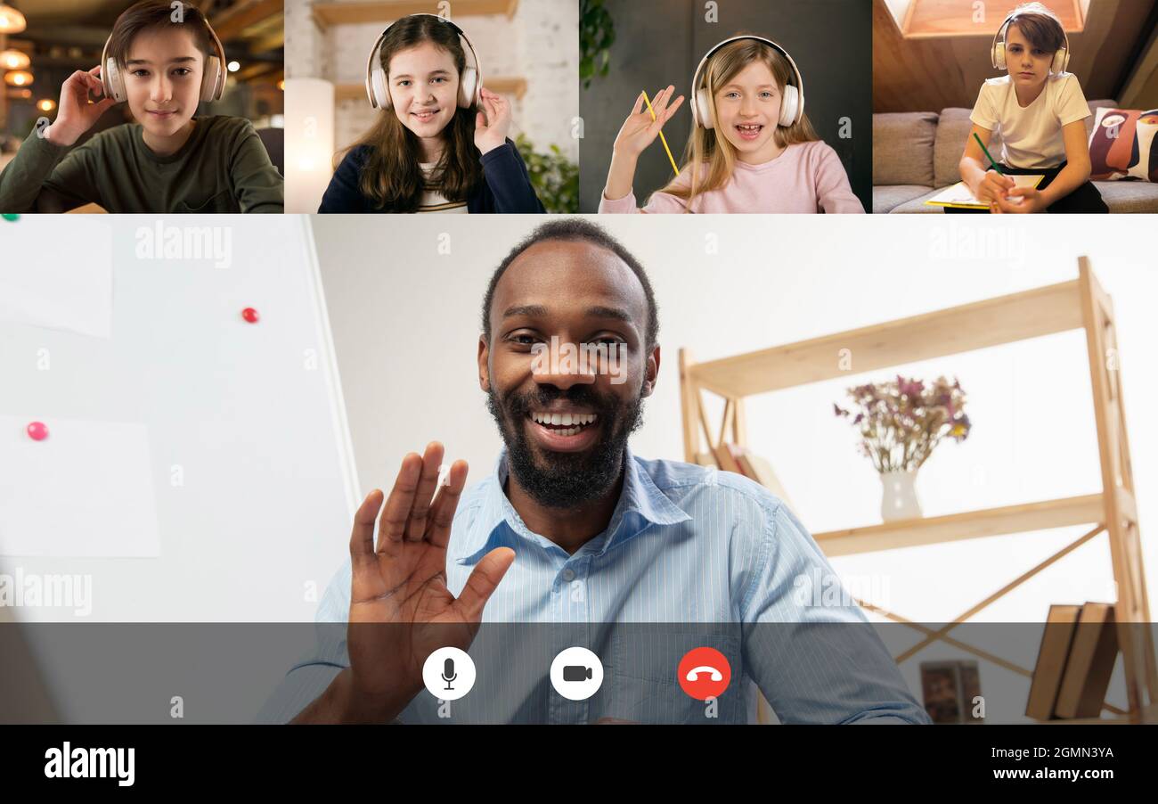 Collage. Group of 3 children, students studying English by group video ...