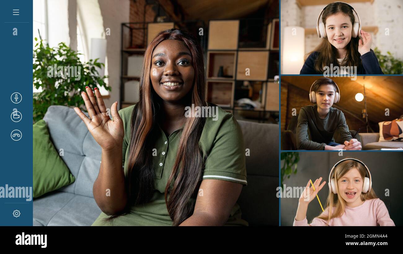 Collage. Group of 3 children, students studying English by group video ...