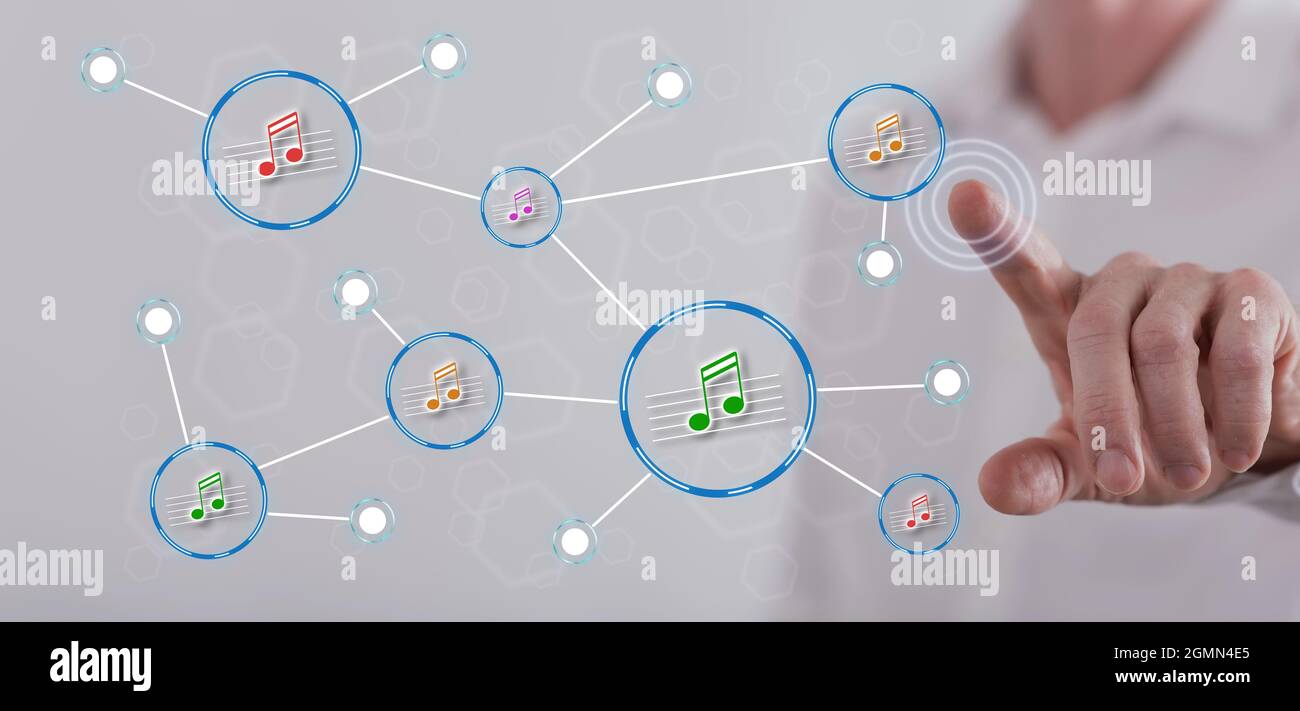 Man touching a music sharing network on a touch screen with his finger ...