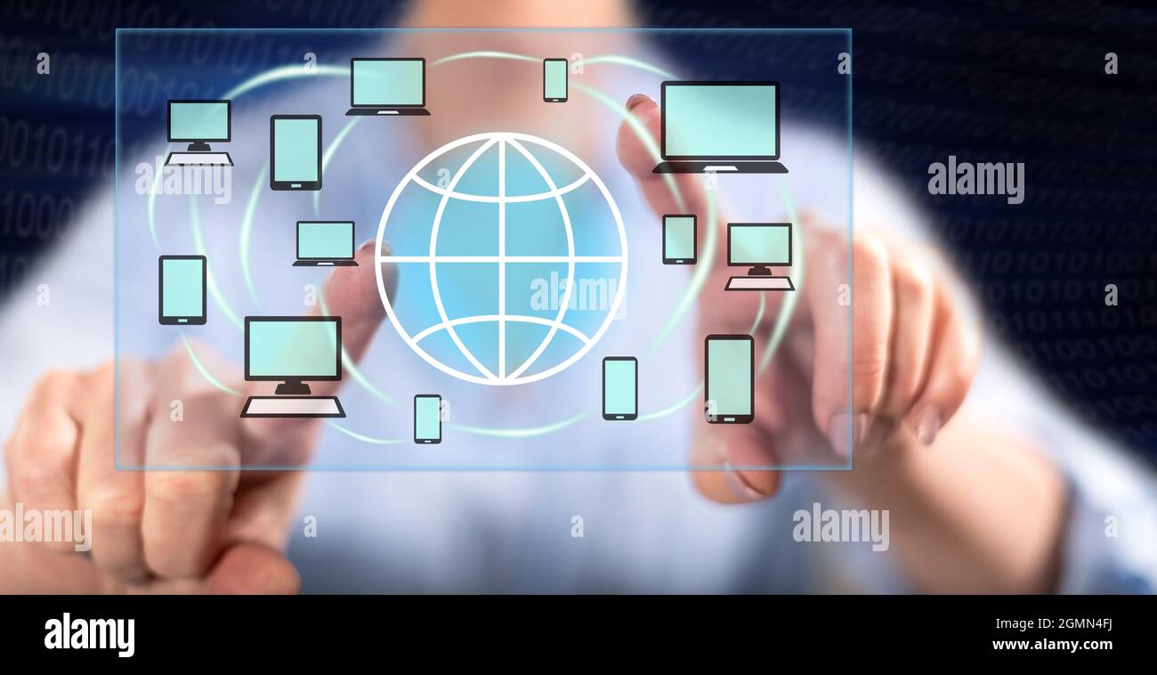 Woman touching a global connection concept on a touch screen with her ...