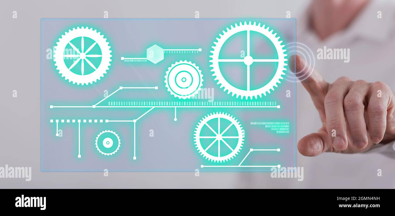 Man touching a digital technology concept on a touch screen with his ...