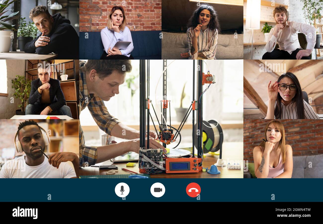 Group of 8 multiethnic students studying science by group video call ...
