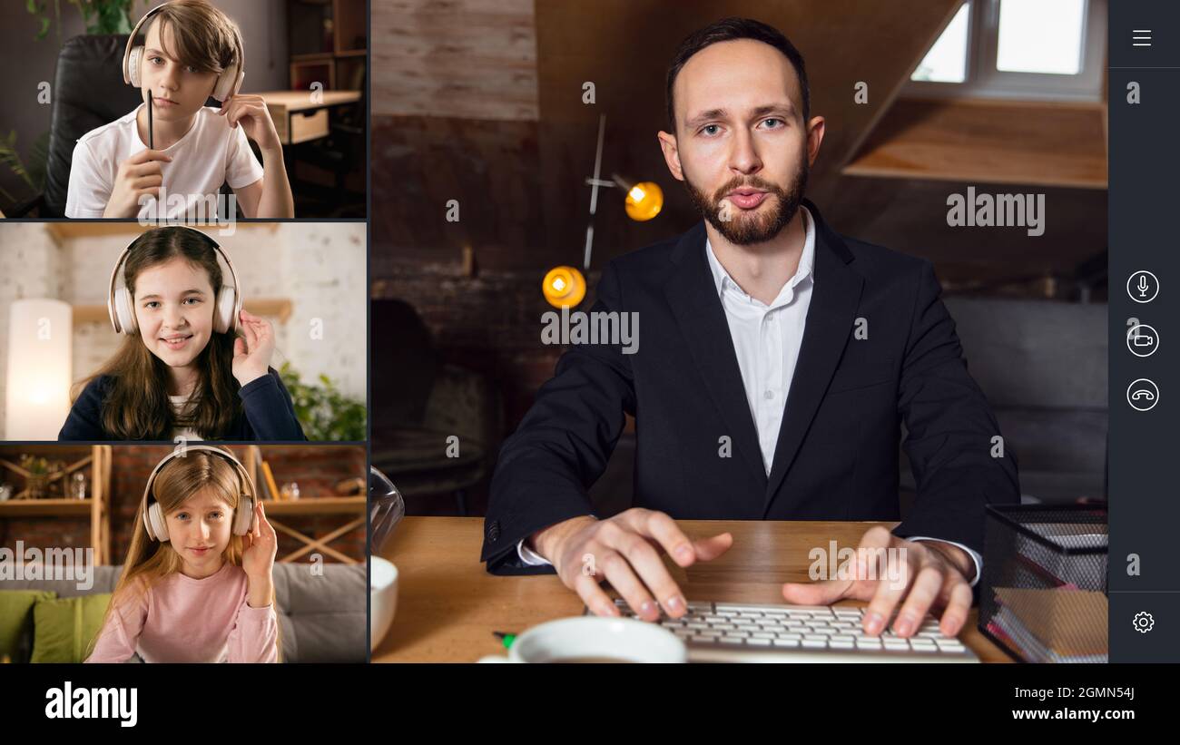 Collage. Group of 3 children, students studying by group video call ...
