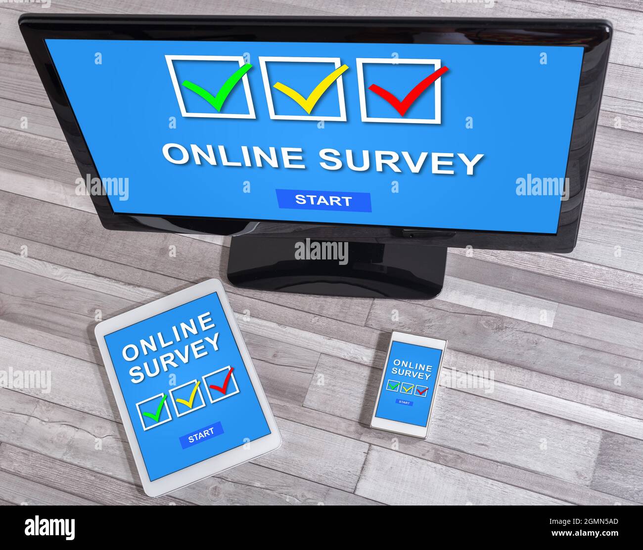 Online survey concept shown on different information technology devices ...