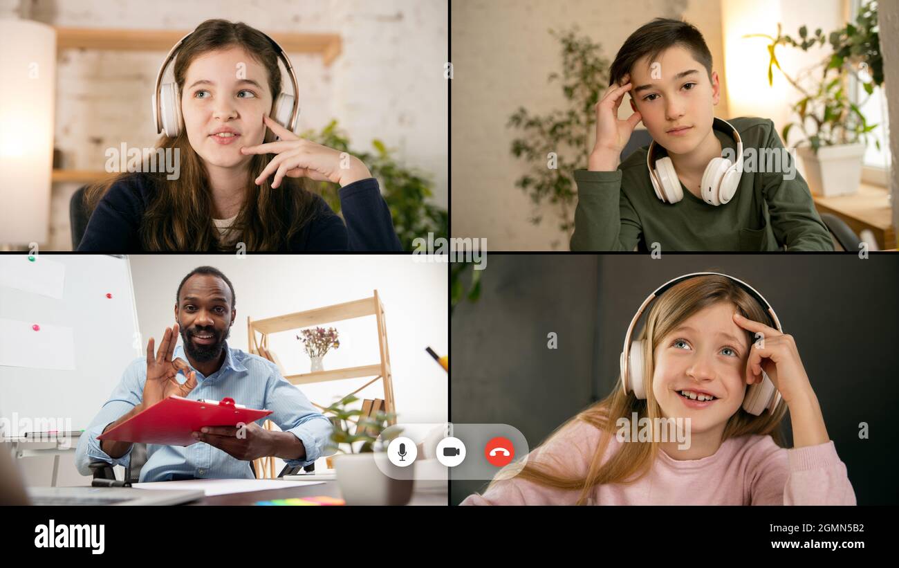 Collage. Group of 3 children, students studying by group video call ...