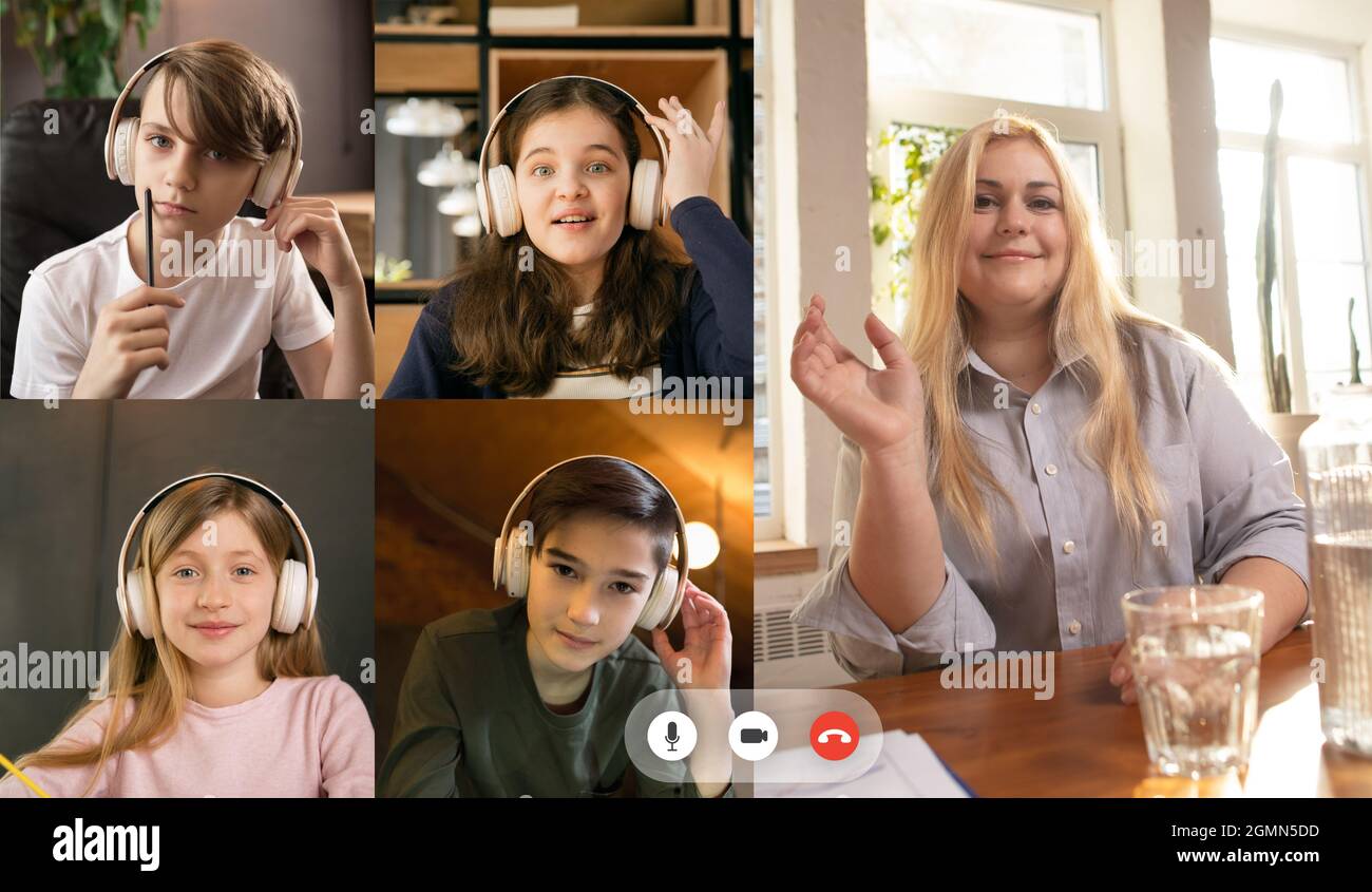 Collage. Group of kids, students studying by group video call, use ...