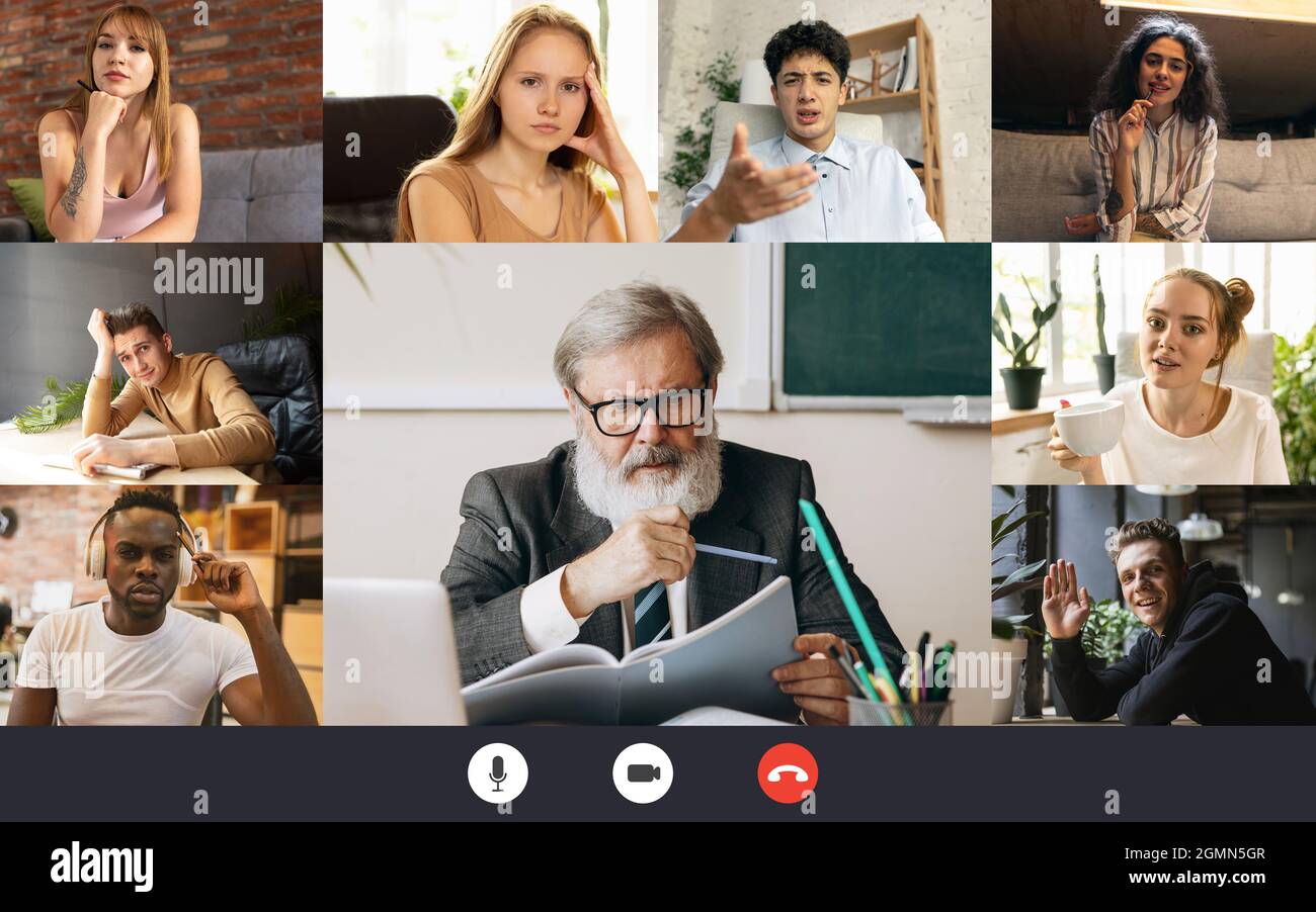 Group of young students studying by group video conference with each ...