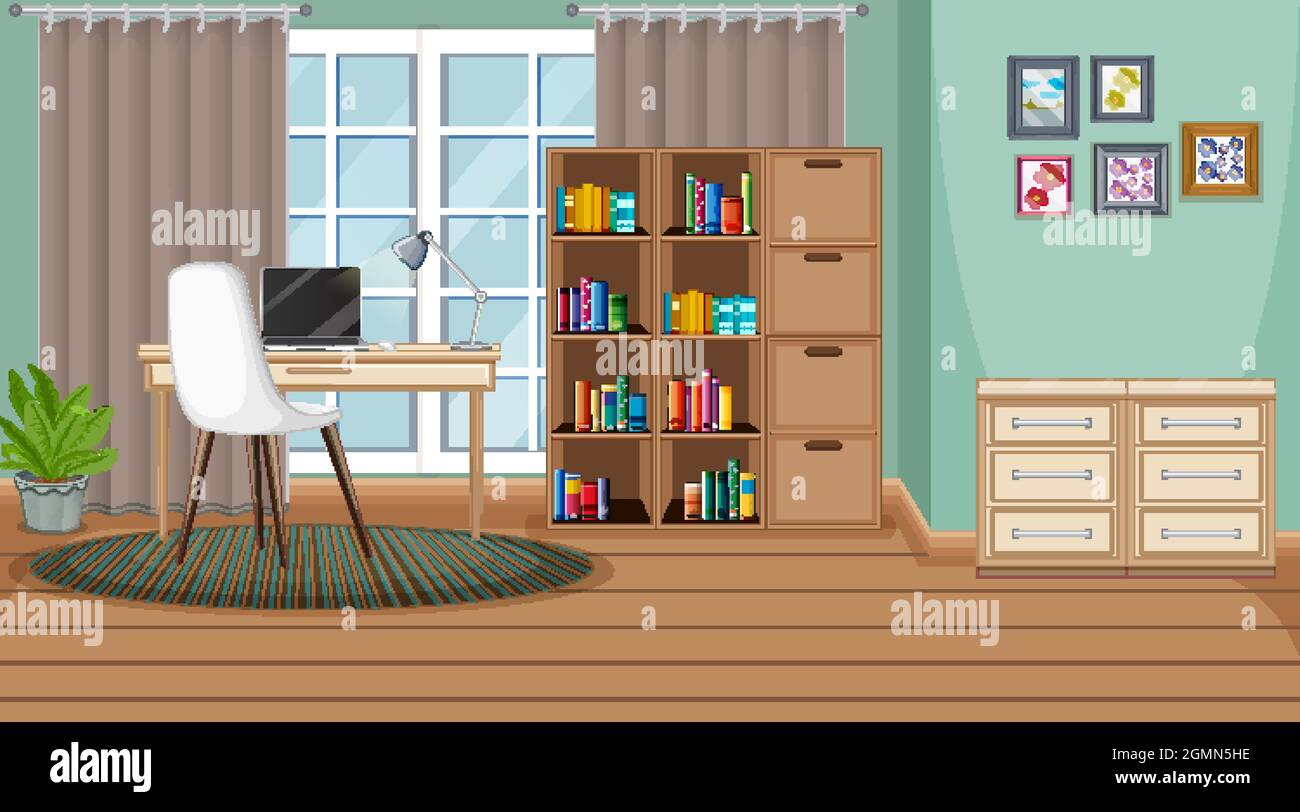 Workroom scene with a laptop on the table illustration Stock Vector ...