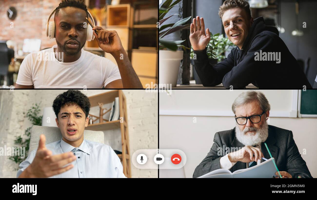 Collage. Group of young students studying by group video conference ...