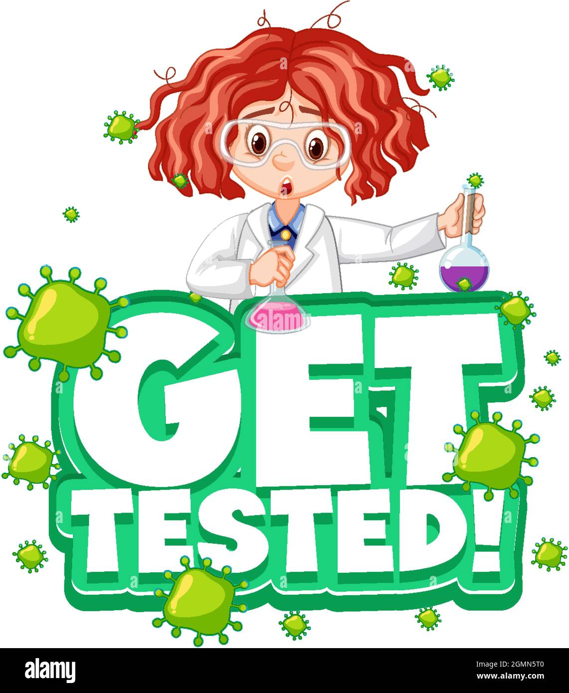 Get Tested font in cartoon style with scientist girl cartoon character ...