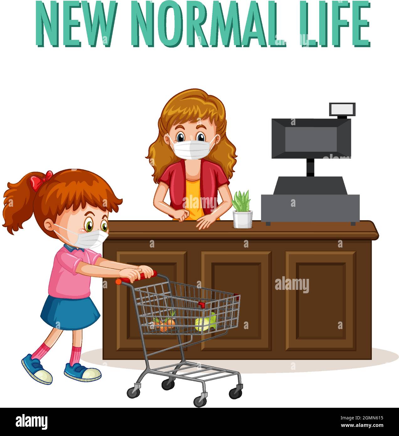 New Normal Life with a girl pushes shopping cart illustration Stock ...