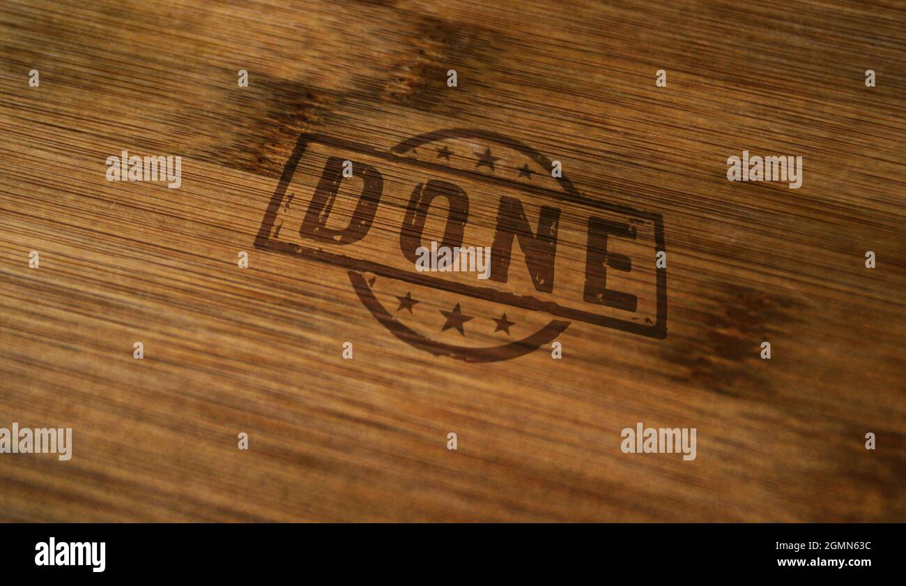 Done stamp printed on wooden box. Task completed and work made symbol ...