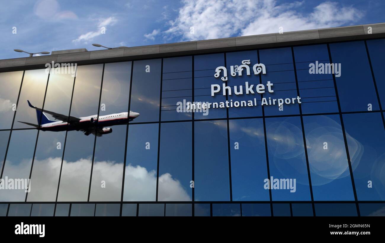 Aircraft landing at Phuket, Thailand 3D rendering illustration. Arrival ...
