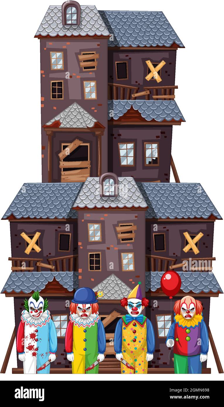 Creepy clowns standing in front of an abandoned building illustration ...