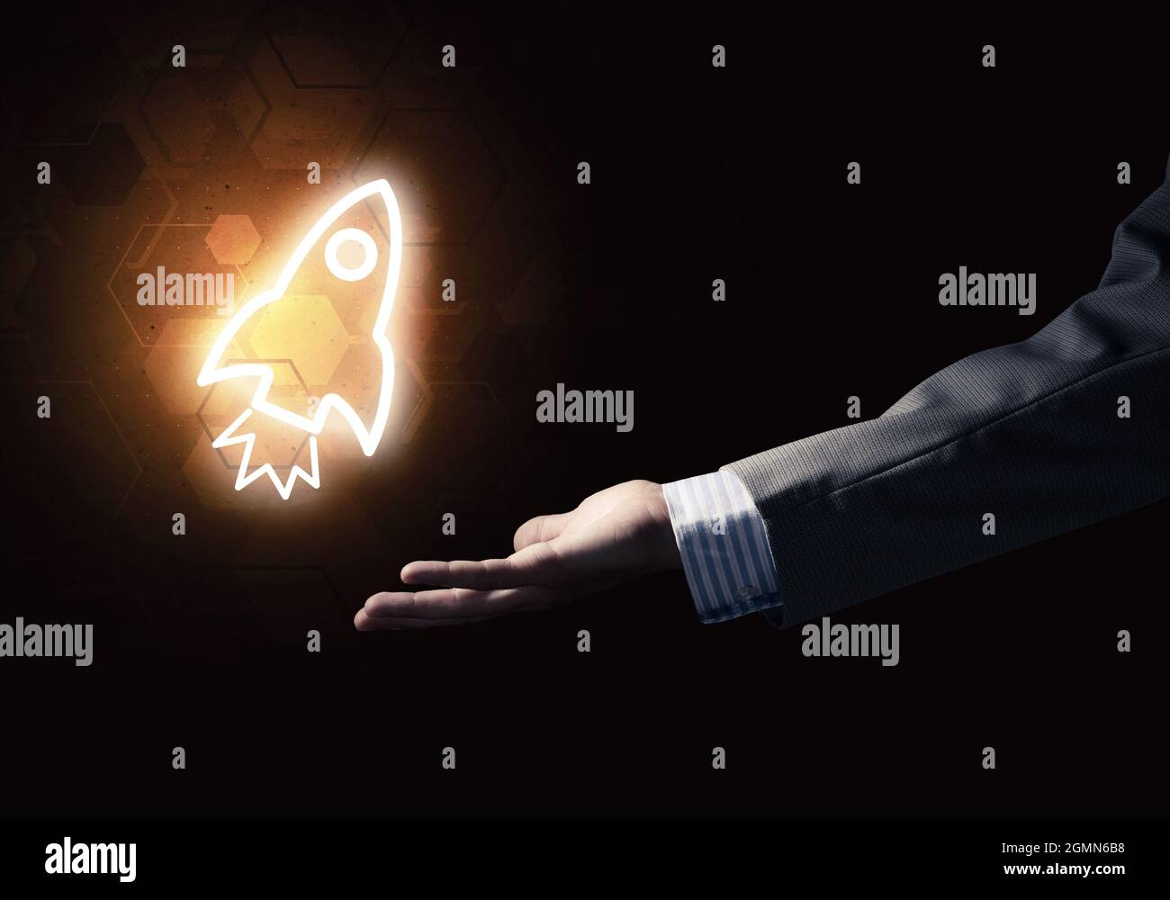 Man palm presenting Rocket web icon as technology concept Stock Photo ...