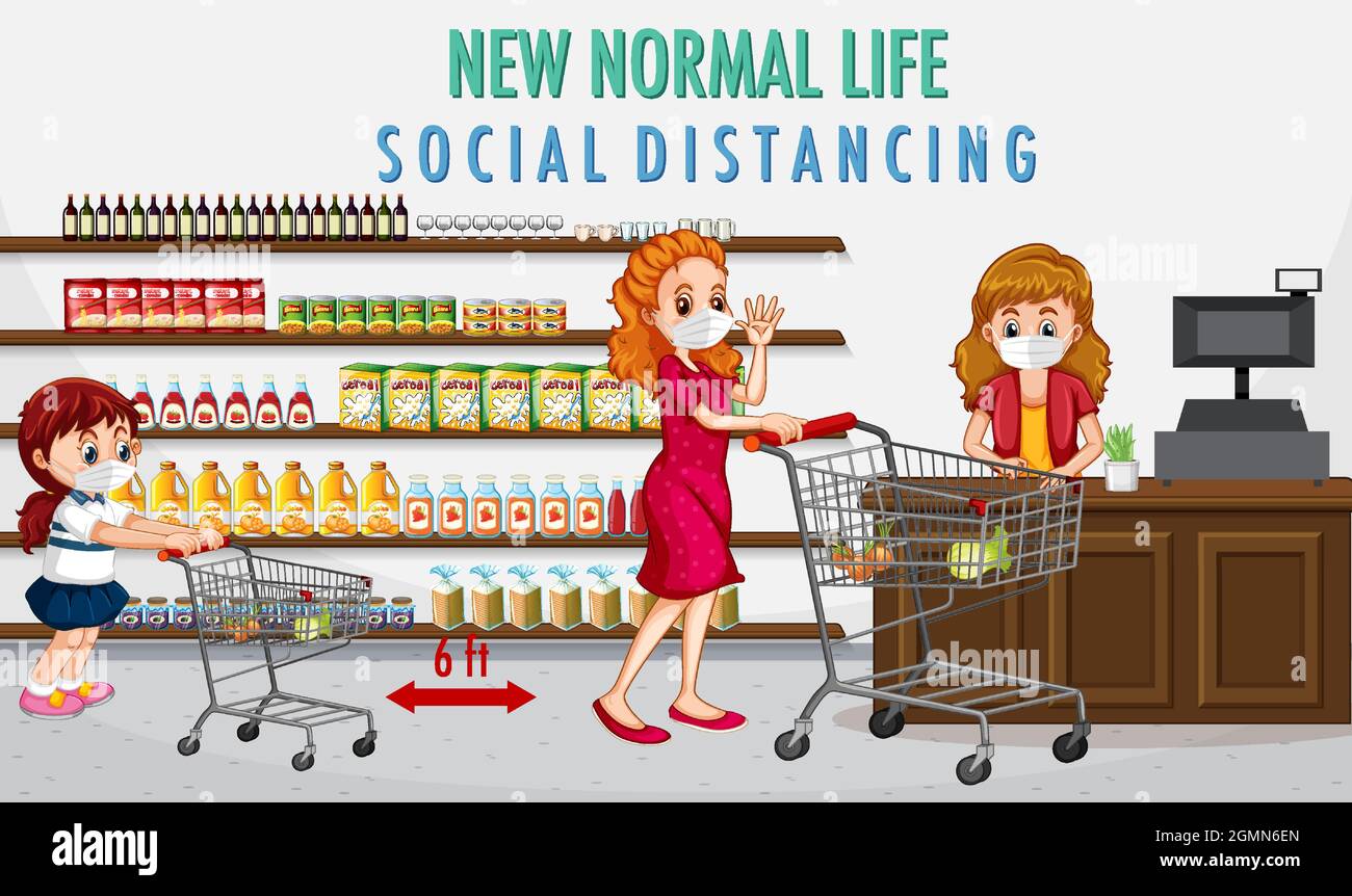 New Normal Life with people buying groceries illustration Stock Vector ...