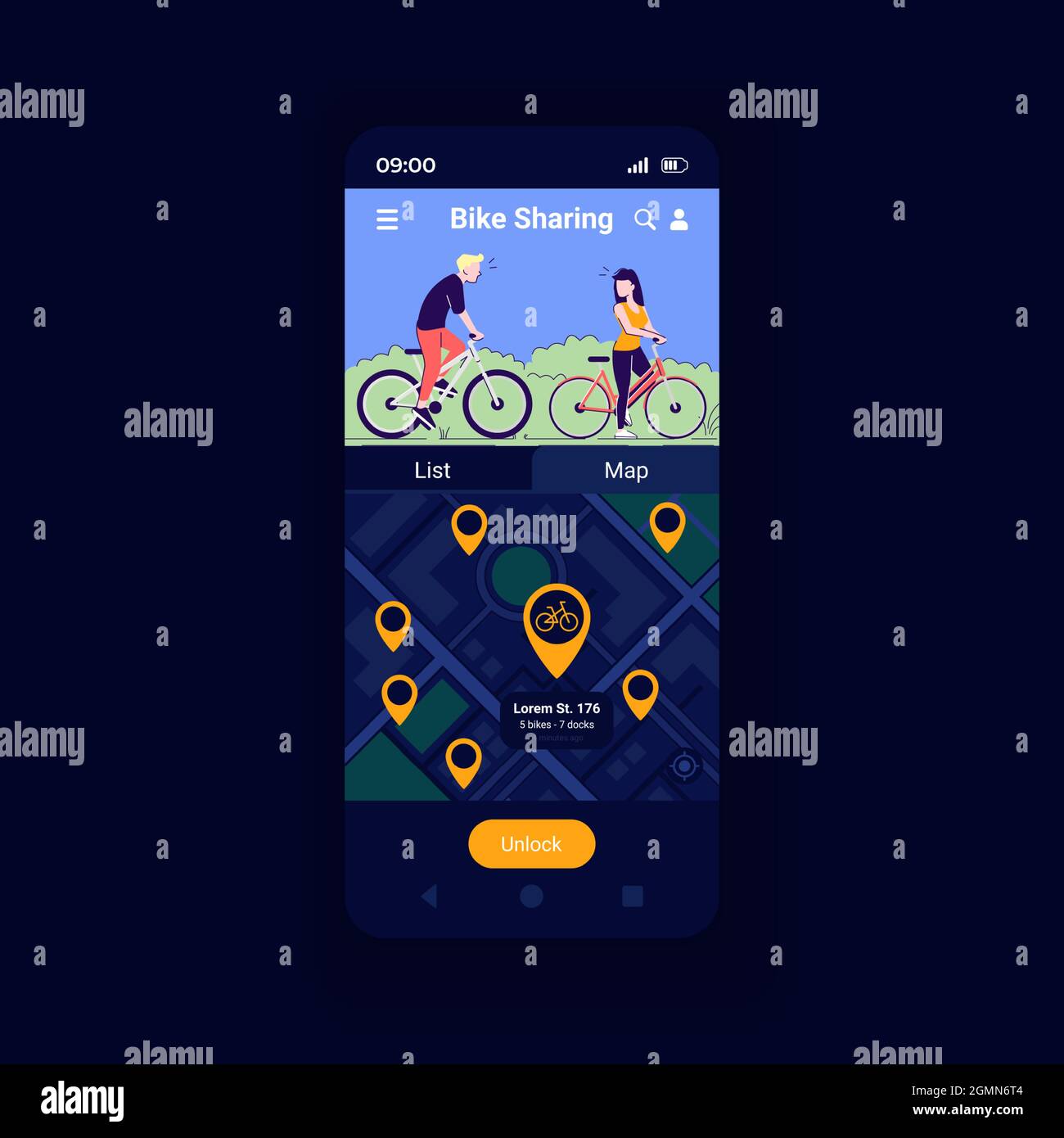 Bicycle sharing service app smartphone interface vector template Stock ...