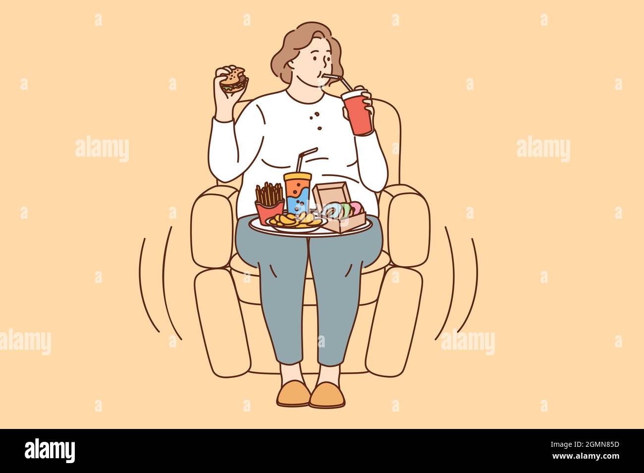 Unhealthy eating, fatness and overeating concept. Young fat overweight ...