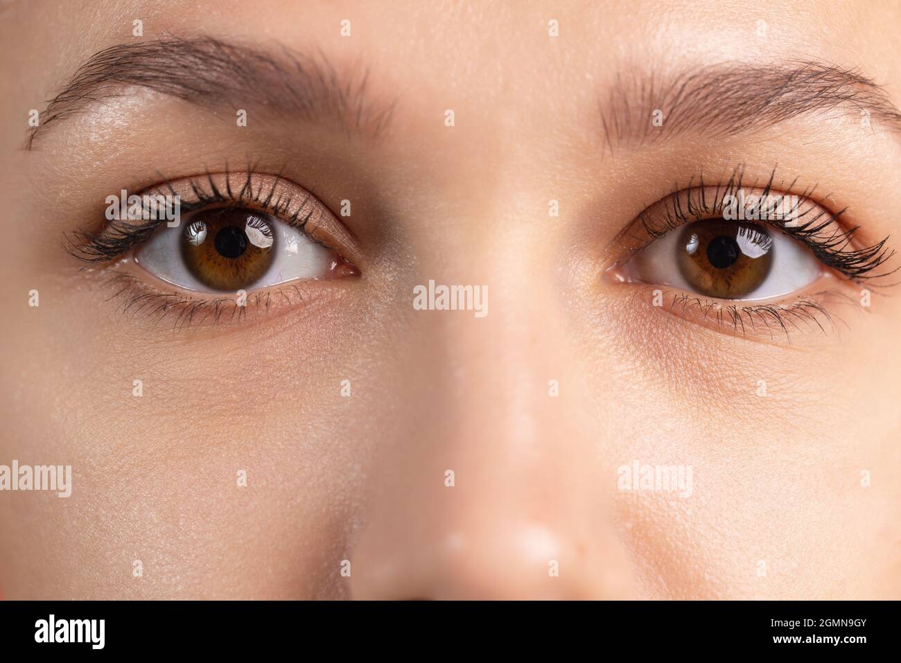 Close-up cropped image of beautiful female brown eyes showing different ...