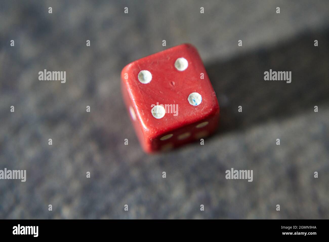 Closeup shot of red dice with four dots isolated on gray background ...