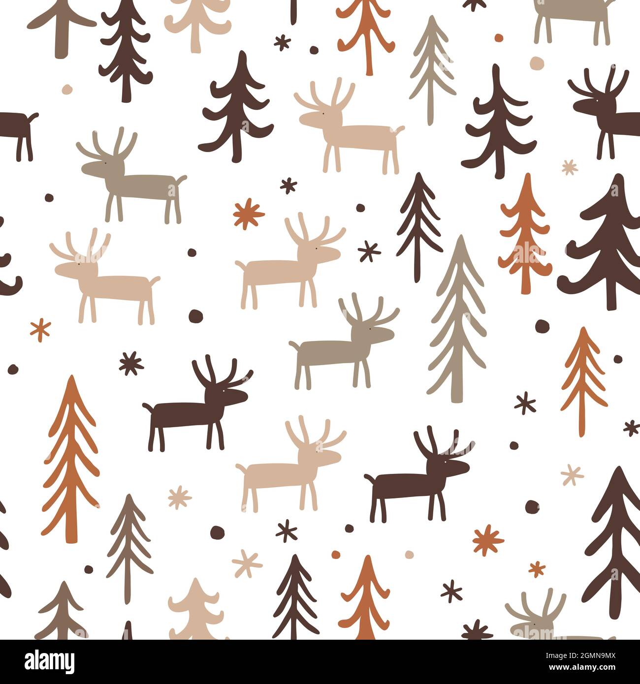 Seamless pattern with herd of deer in fir trees forest. Christmas and ...