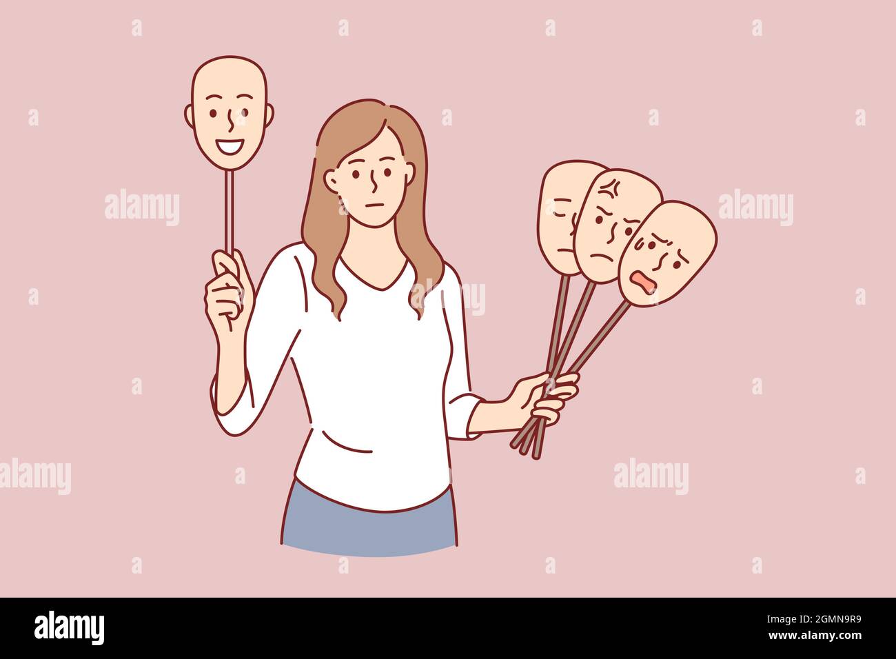 Choosing mood of day concept. Young female cartoon character standing ...