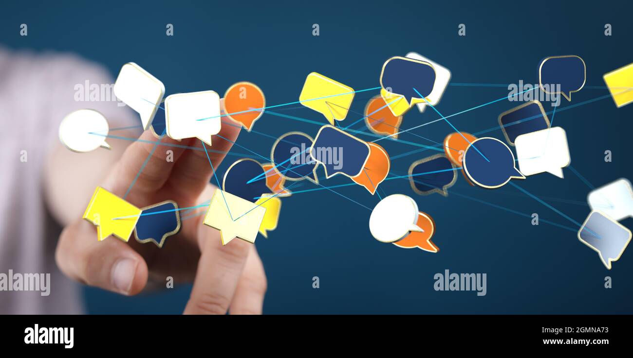 Hand is touching messaging and chatting icons. Chat concept Stock Photo ...