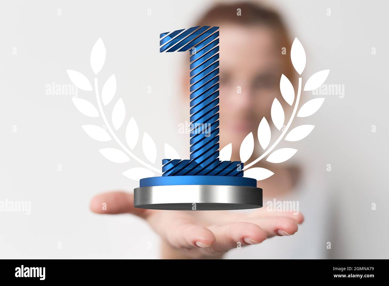 3D rendering of a winner first place award in the hand Stock Photo - Alamy