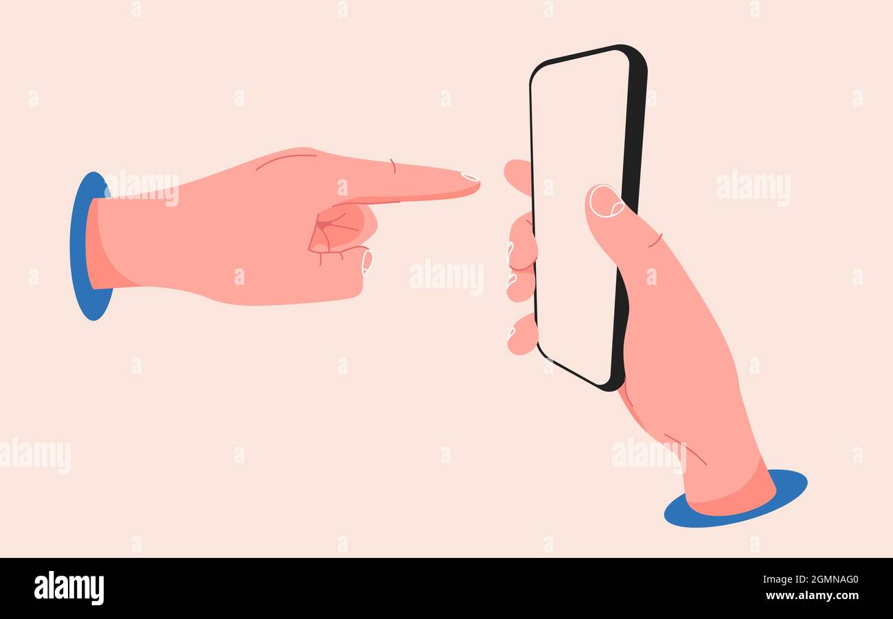 Hand pointing to a smartphone. Finger pointing to touch screen ...