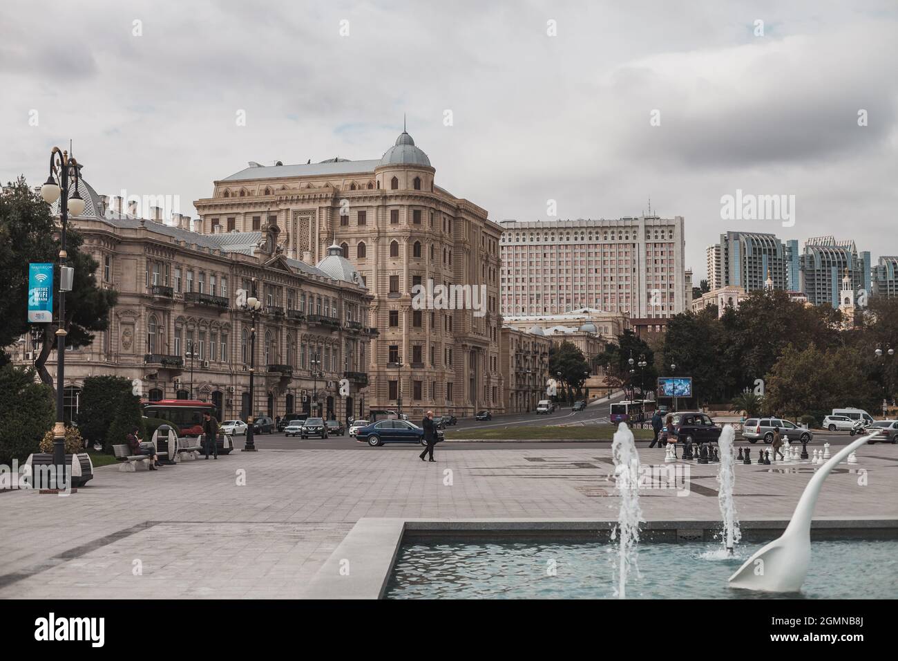 Ancient street with fountains in city centre of Baku, Azerbaijan ...