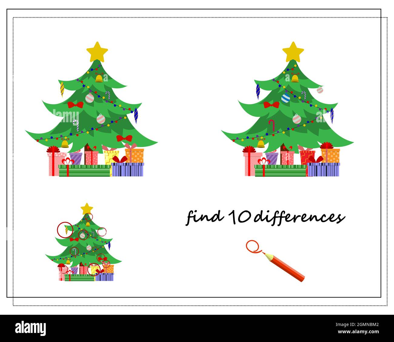 A logical game for children, find the differences. Christmas tree and ...