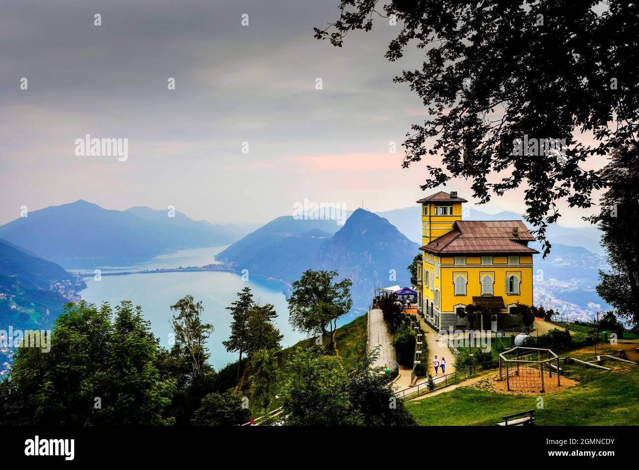 Elevated view from Monte Bre over Lake Lugano and Monte San Salvatore ...